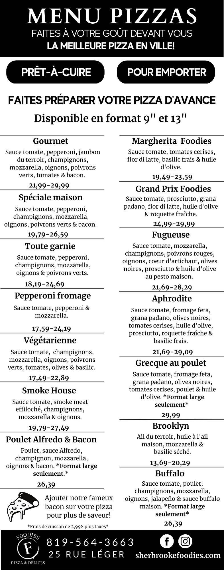 Menu au Foodies Pizza & Délices pizzeria, Sherbrooke