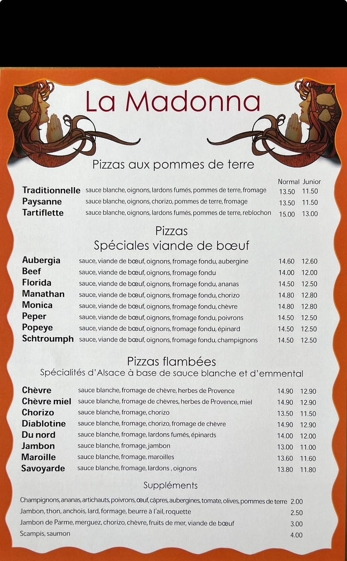 Menu au Pizzeria La Madonna, Antoing