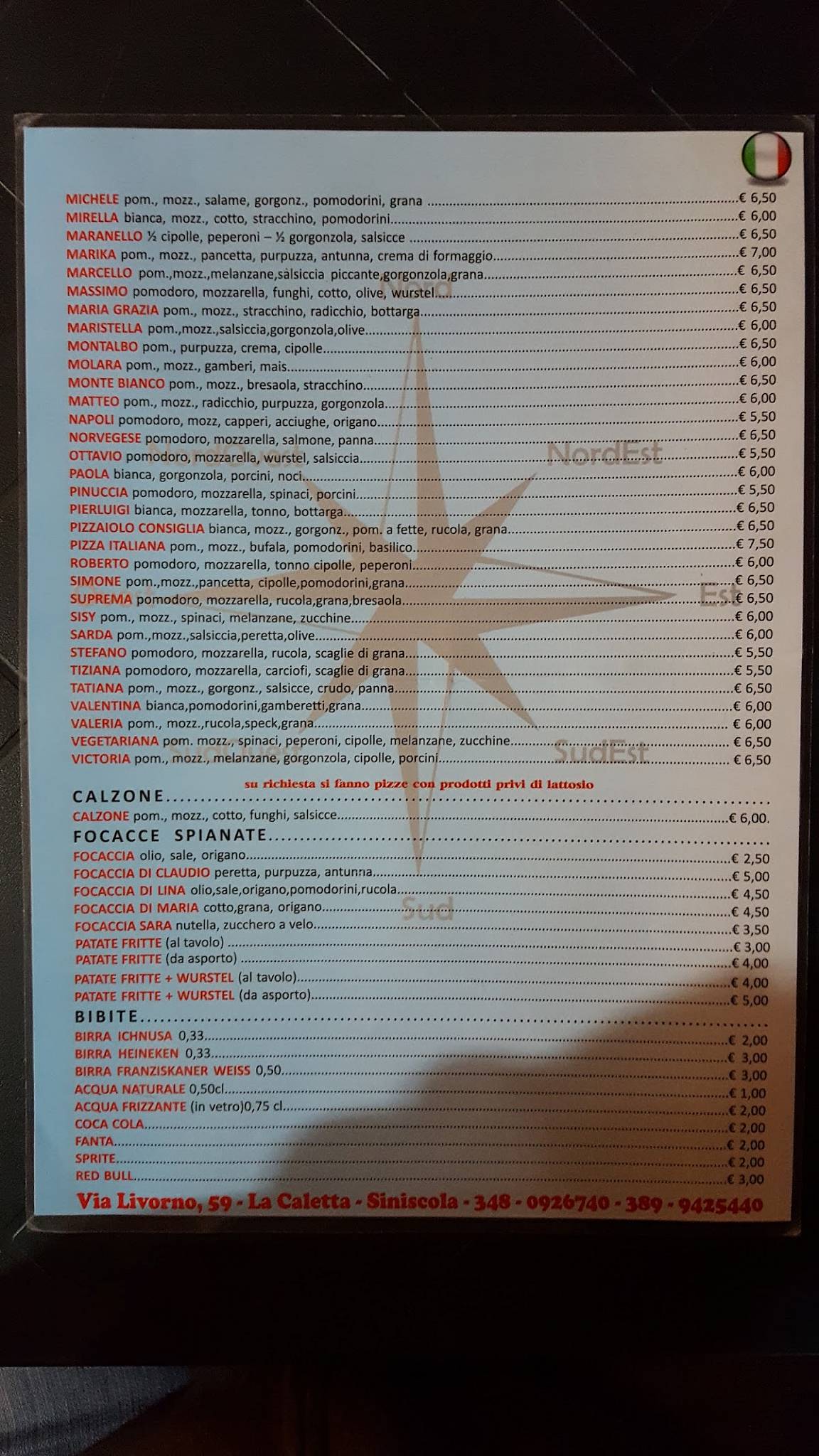 Menu da Pizzeria La Rosa dei Venti, La Caletta