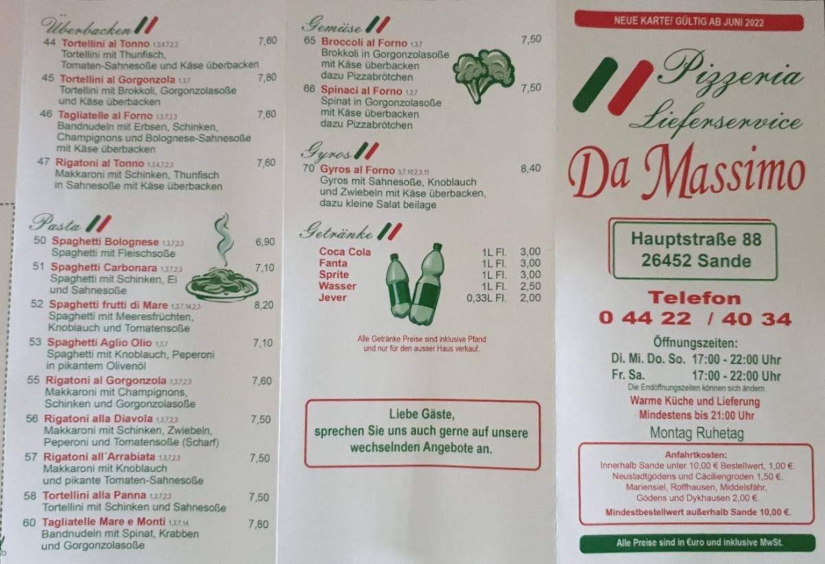 Speisekarte von Pizzeria Lieferservice Da Massimo, Sande