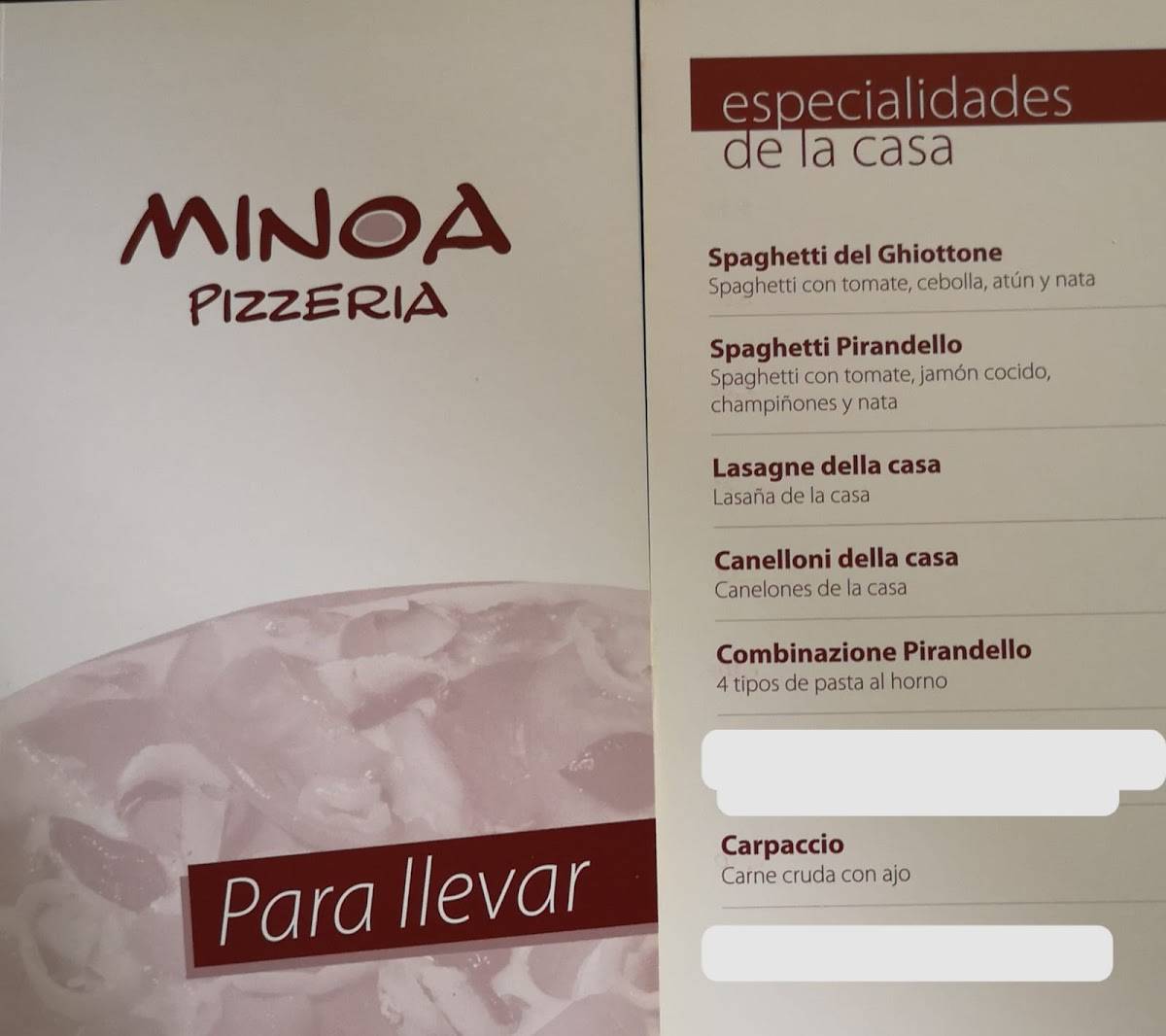 Carta de pizzería Sa Minoa, Manacor