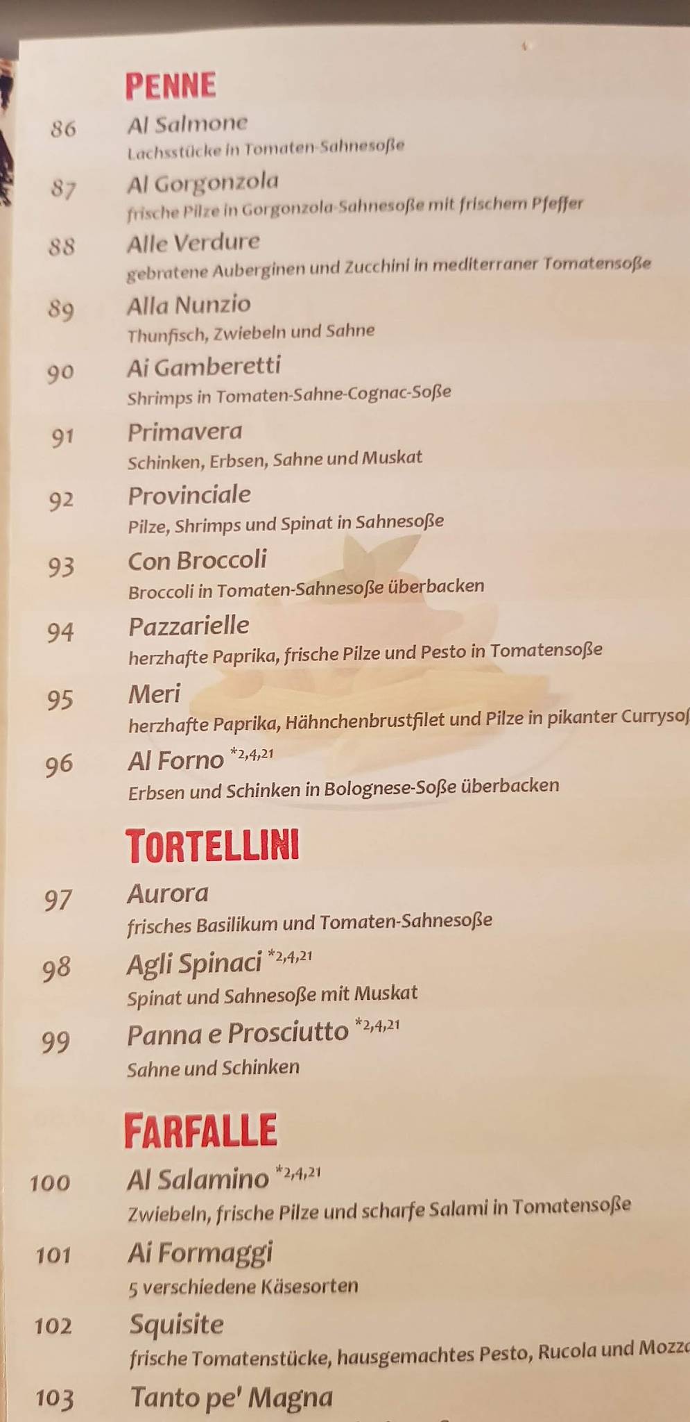 Speisekarte von Pizzeria Nunzio, Rheinbach