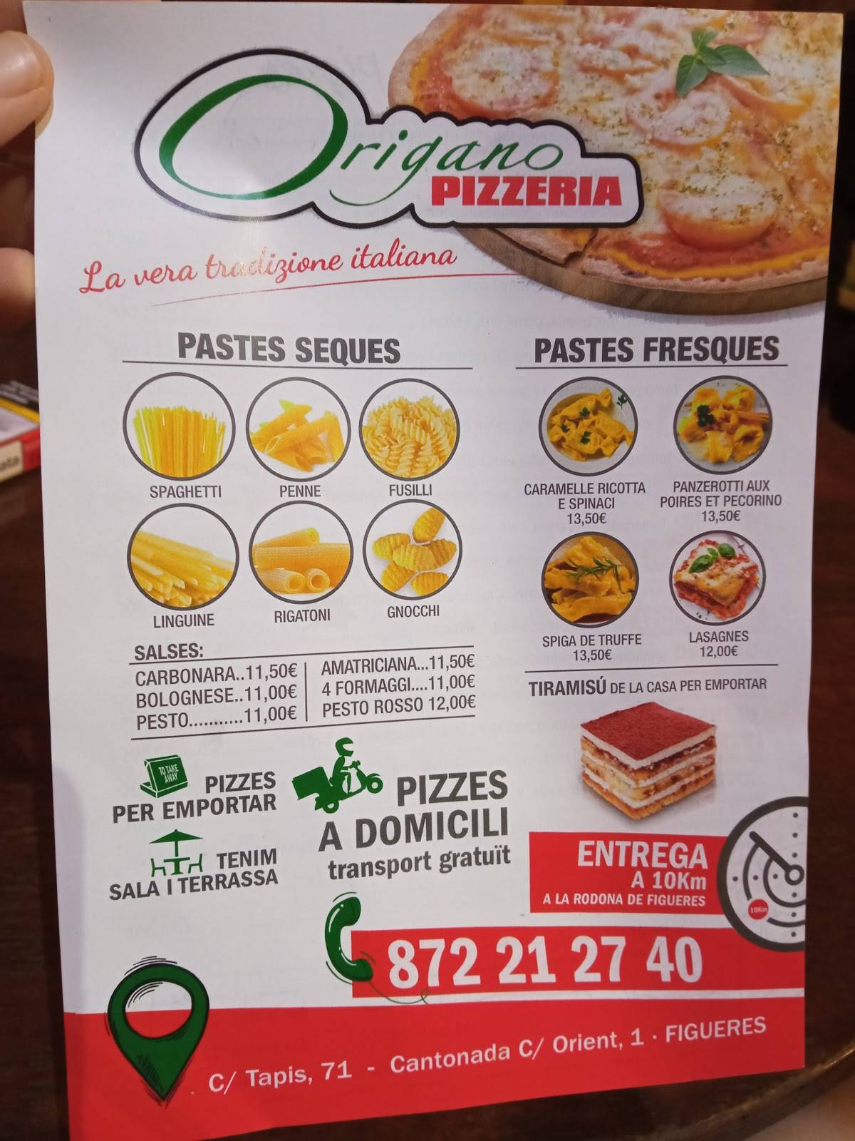 Carta de PIZZERIA ORIGANO, Figueras, Carrer Orient