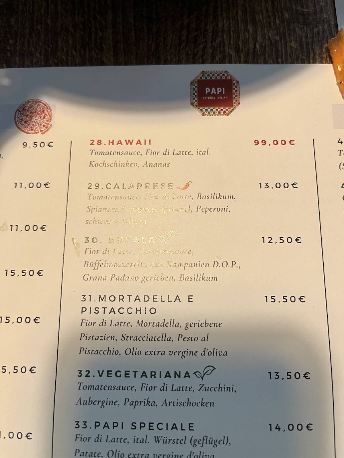 Speisekarte von PAPI-Original Italian pizza, Offenbach am Main
