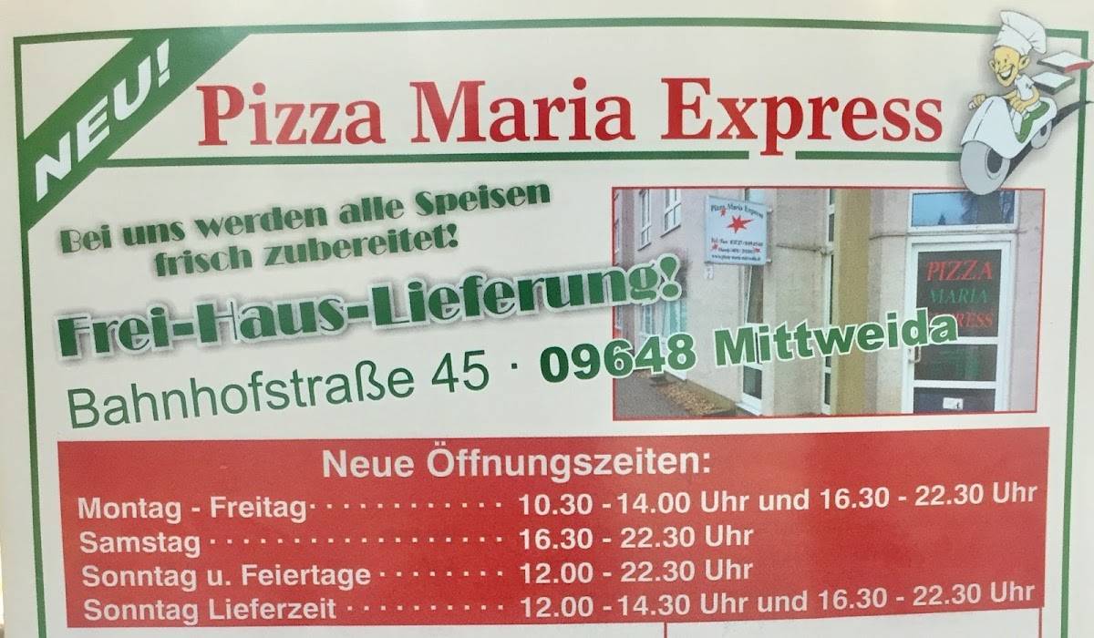 Speisekarte von Pizza Maria Express Mittweida, Mittweida