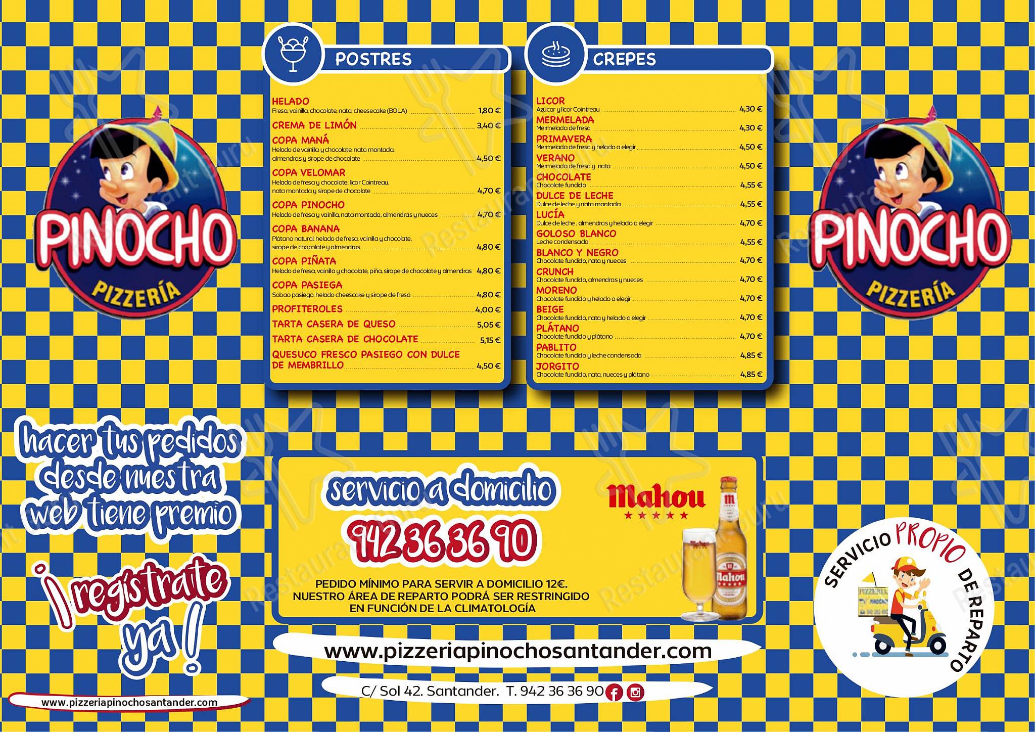 Carta de Pizzería Pinocho, Santander