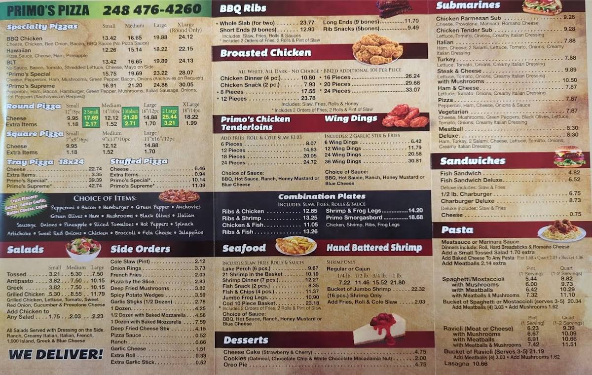 Menu at Primo's Pizzeria, Livonia, W Seven Mile Rd