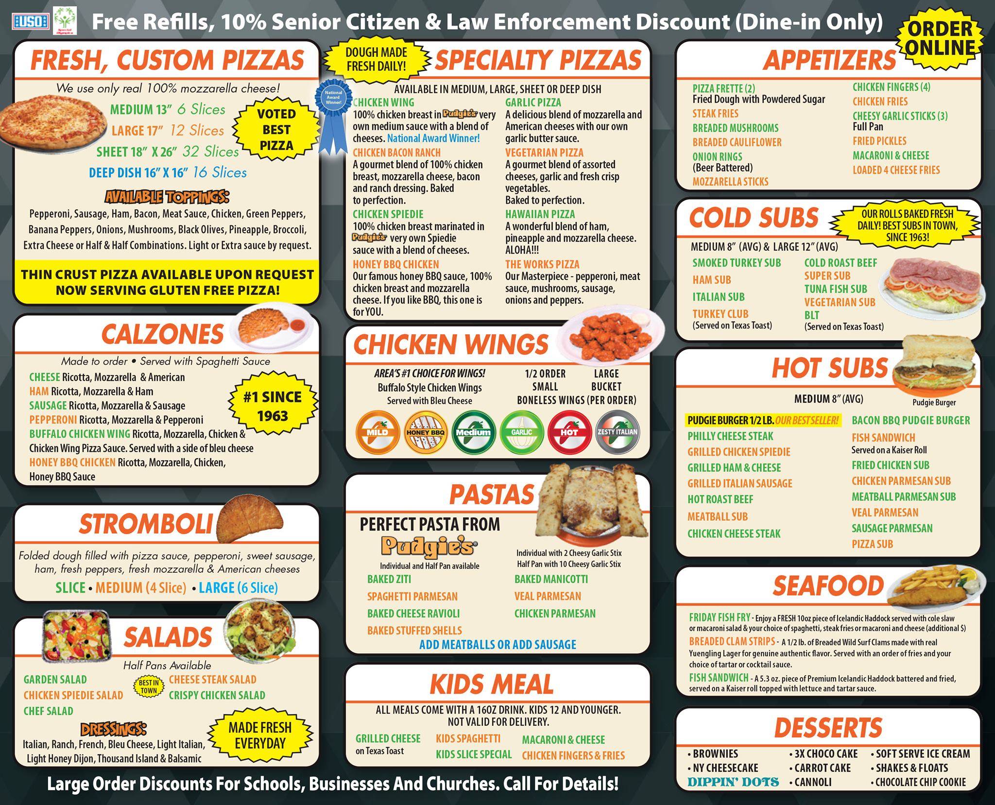Menu at Pudgie's Pizza, Pasta & Subs - Elmira pizzeria, Elmira, 350 S ...