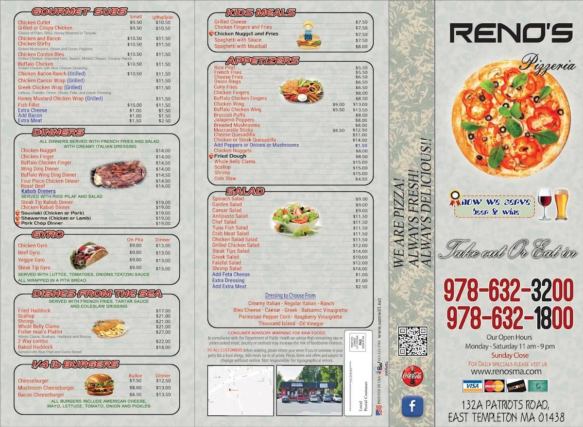Menu at Reno's Pizzeria Inc, Templeton