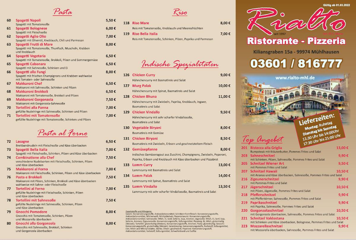Speisekarte von Pizzeria Ristorante Rialto, Mühlhausen/Thüringen