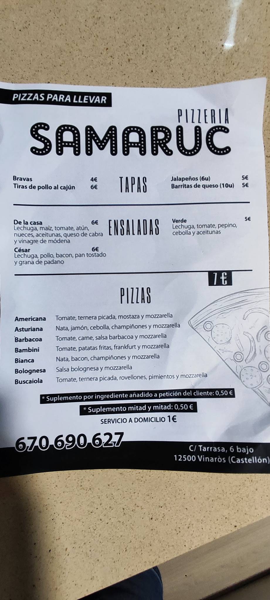 Carta de Pizzeria Samaruc, Vinaroz