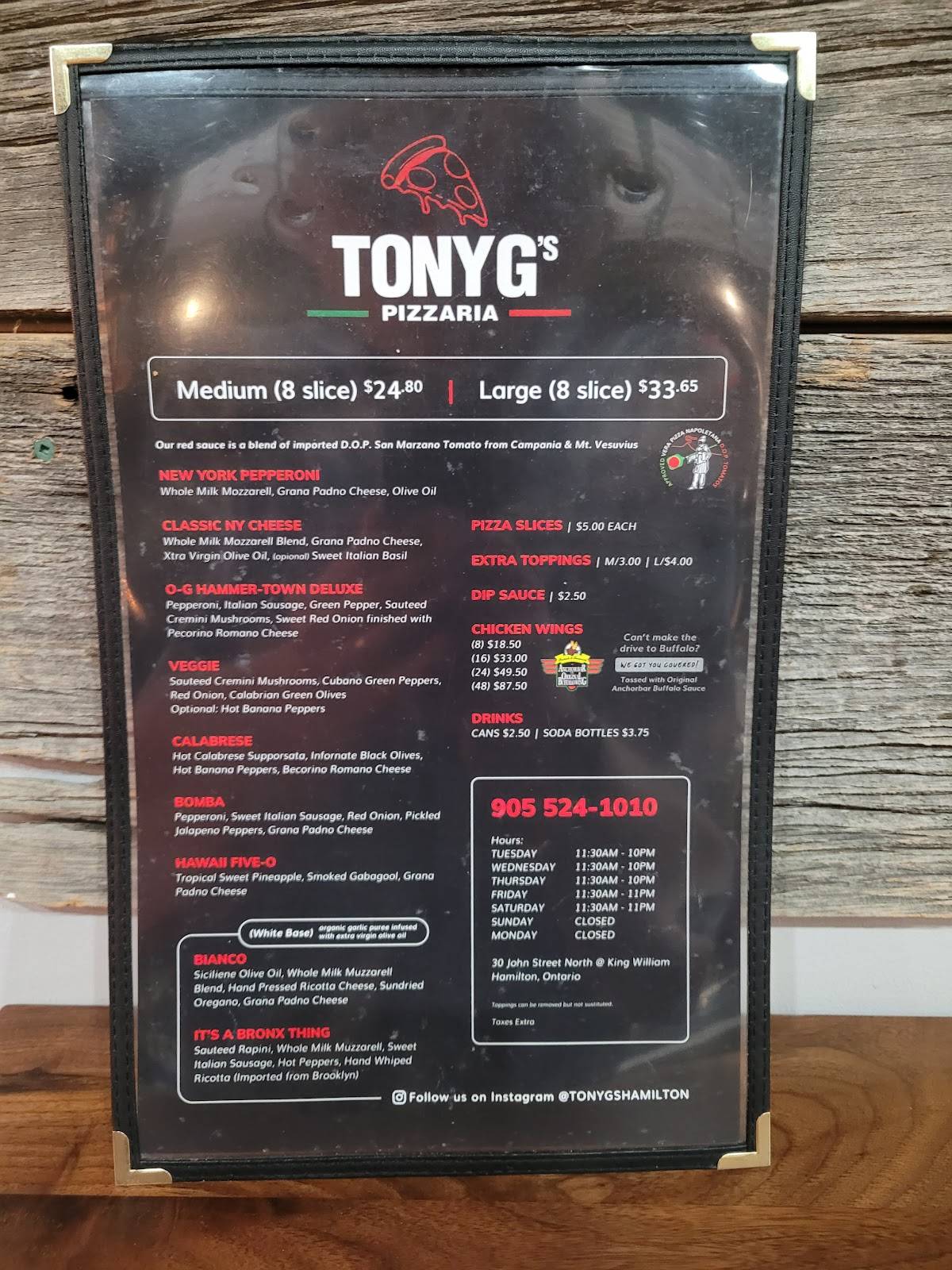 Menu at Tony G’s Pizzeria, Hamilton