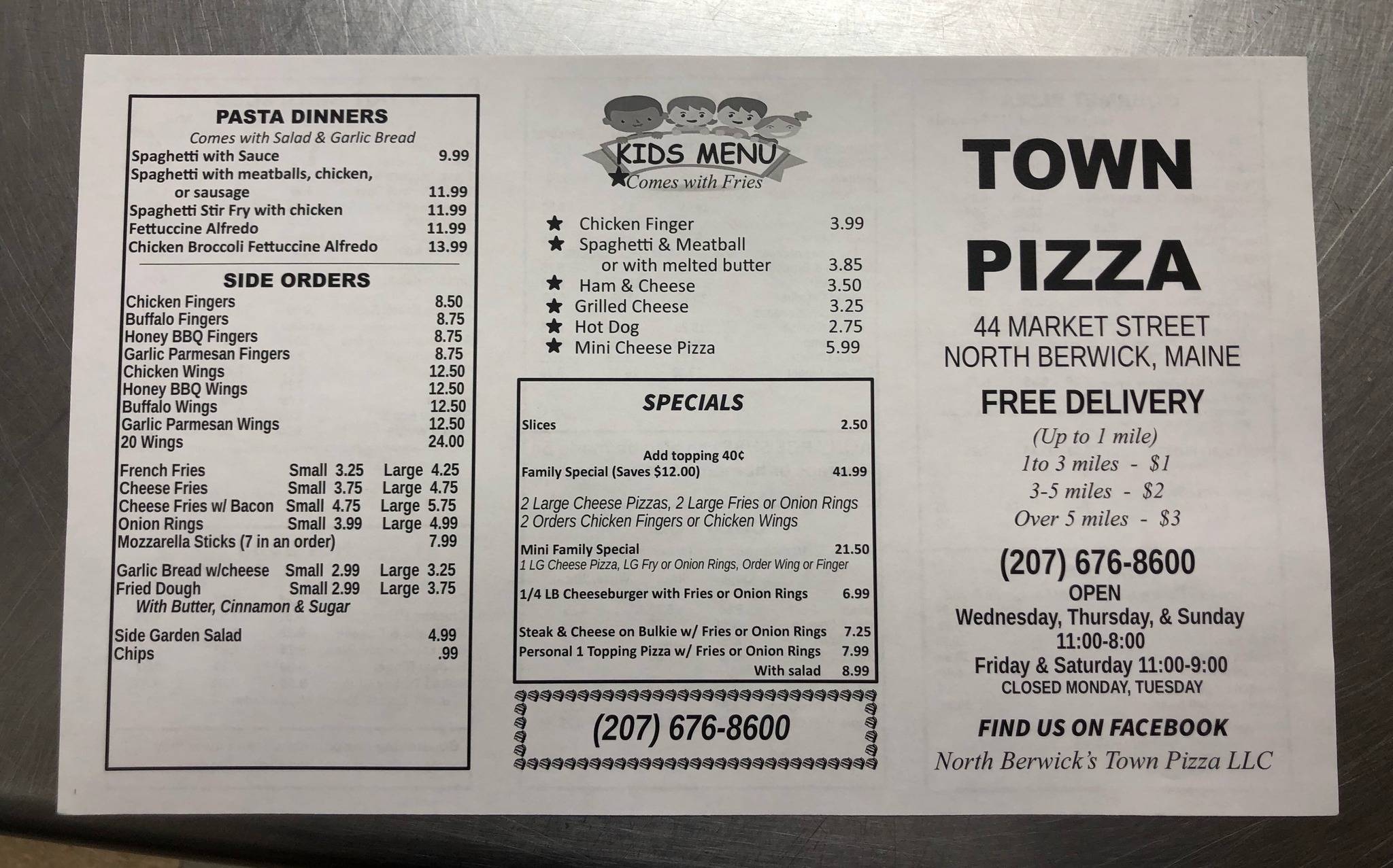 Menu at Town Pizza pizzeria, North Berwick
