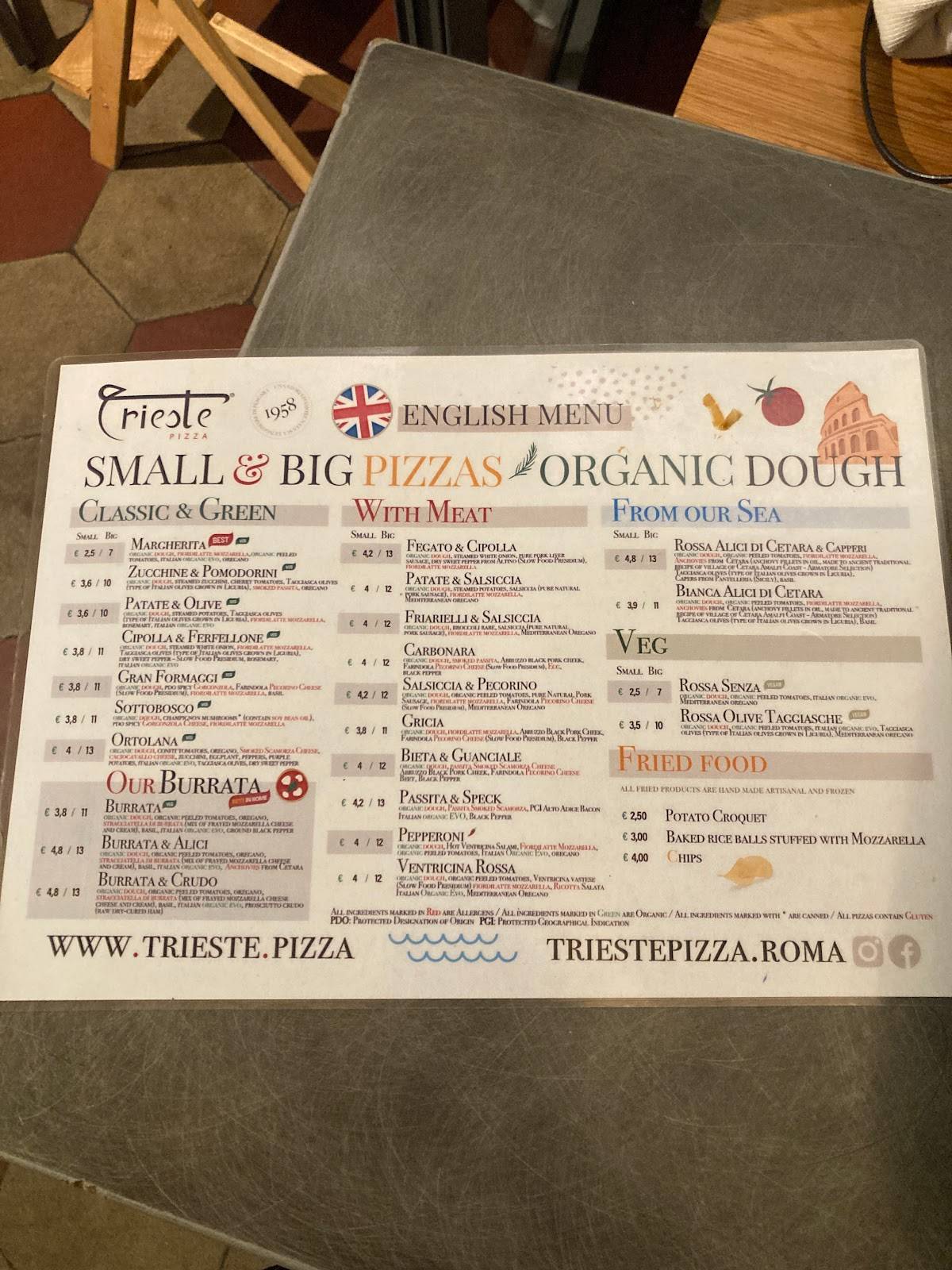 Menu da Trieste Pizza Roma pizzeria, Roma