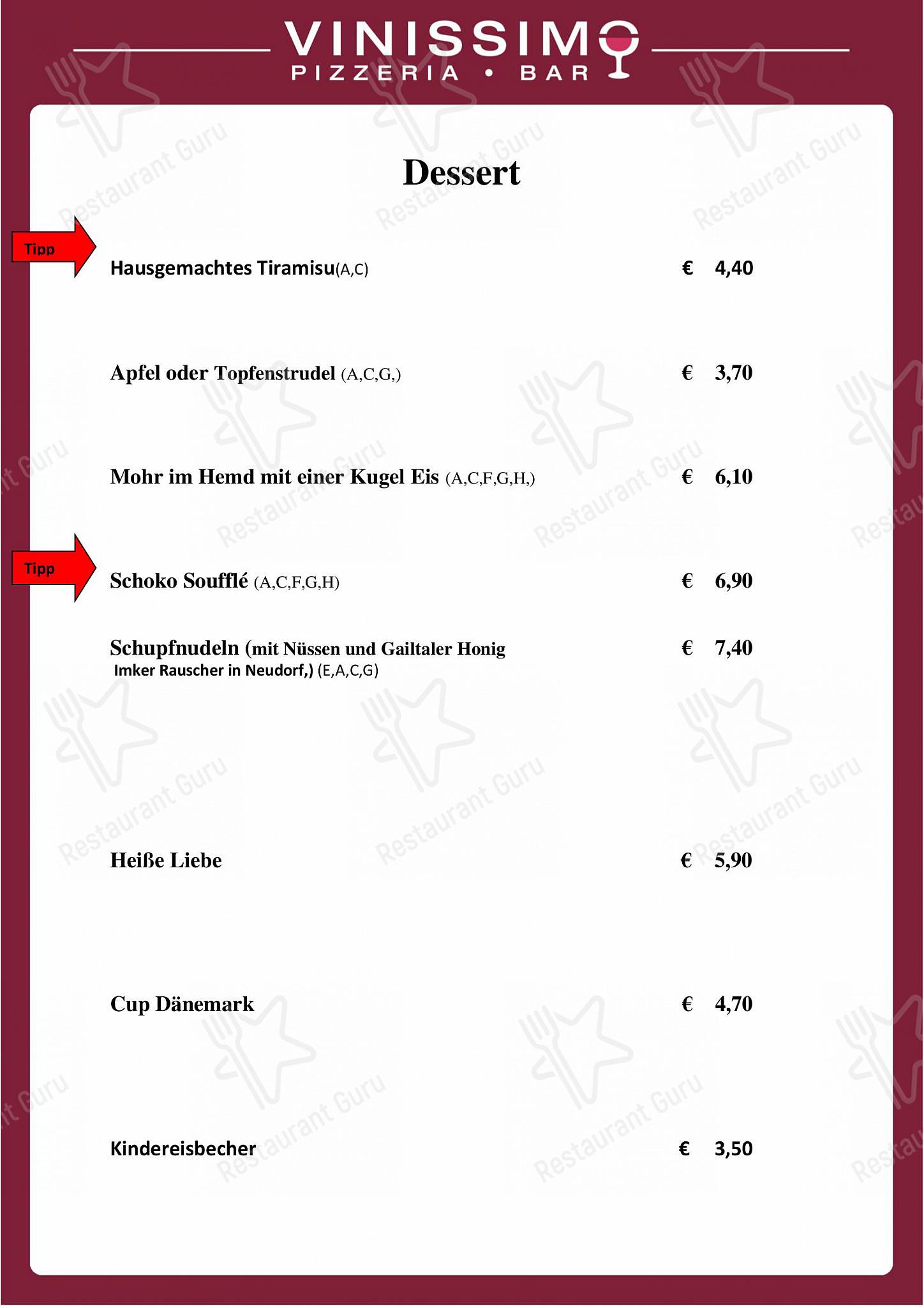 Speisekarte von Pizzeria Vinissimo, Hermagor