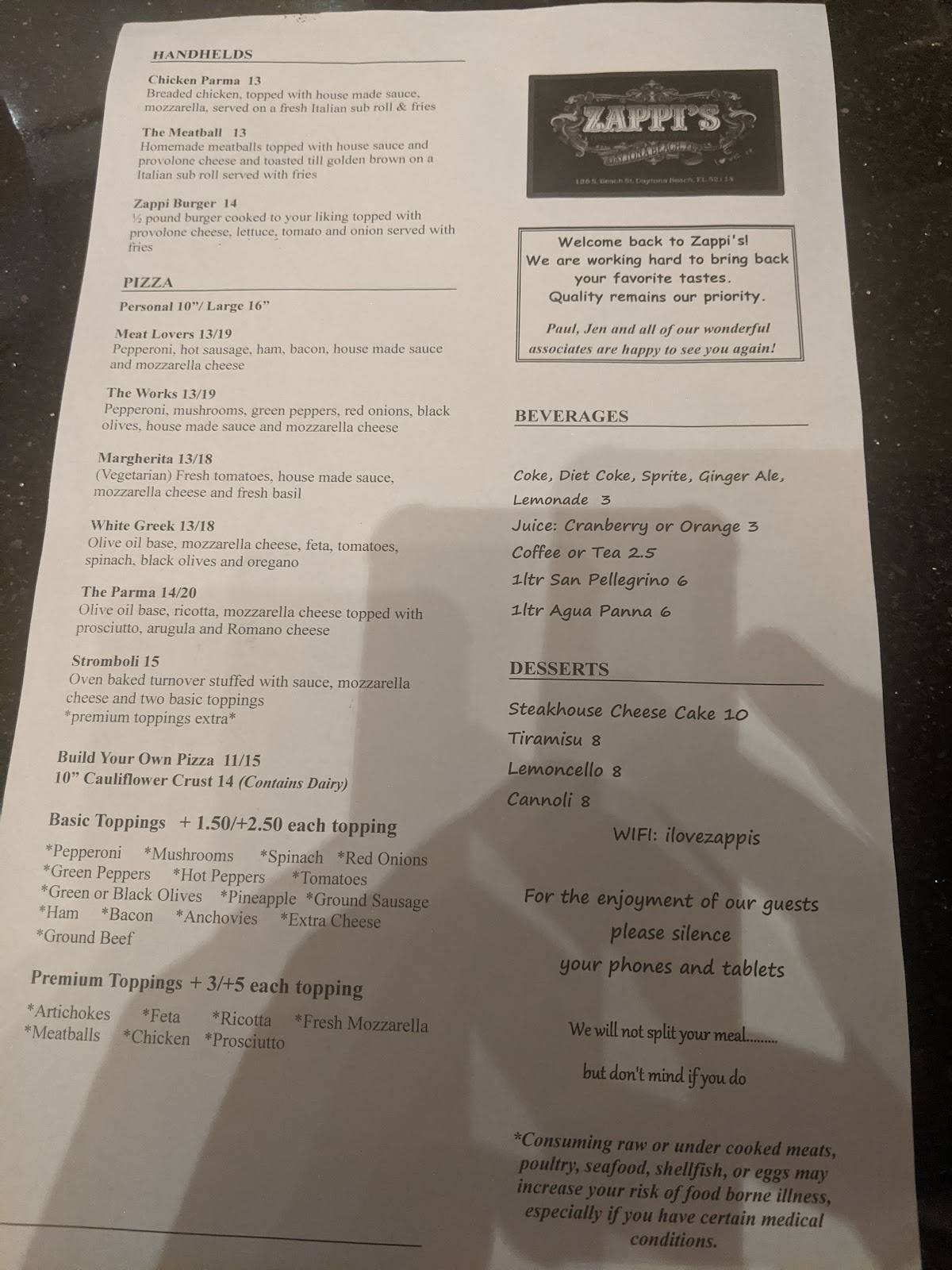 Menu at Zappi's Italian Garden pizzeria, Daytona Beach