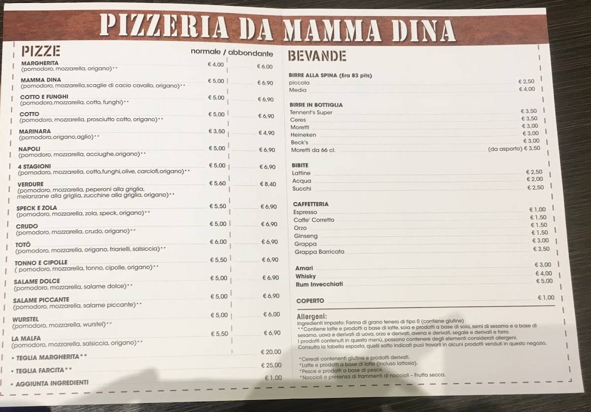 Speisekarte von Pizzeria da Mamma Dina Milano, Mailand