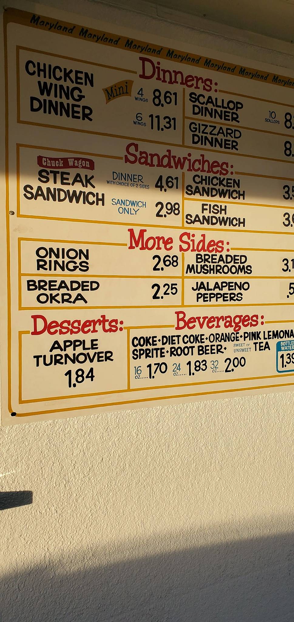 Menu at Maryland Fried Chicken restaurant, Plant City