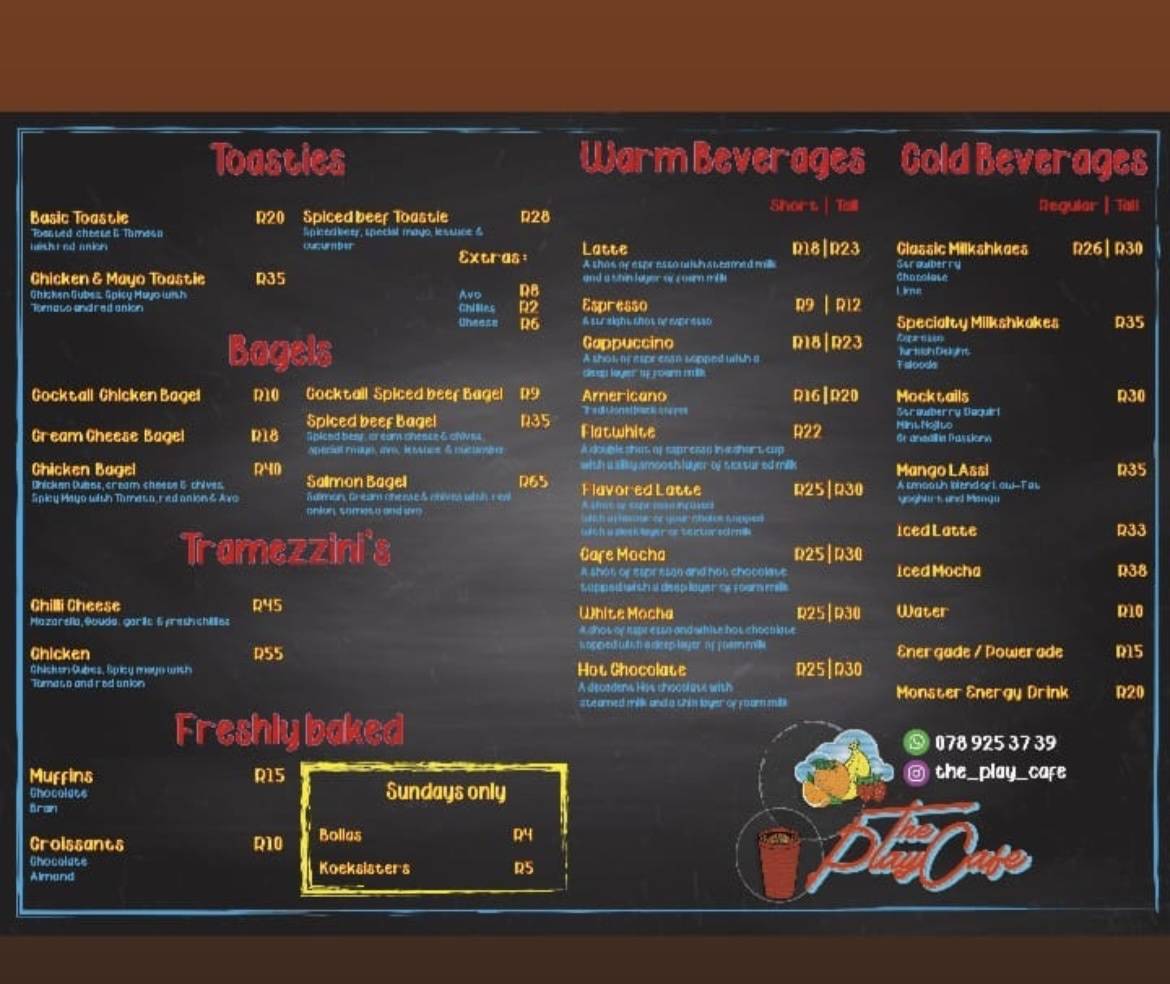 Menu at Play cafe, Cape Town