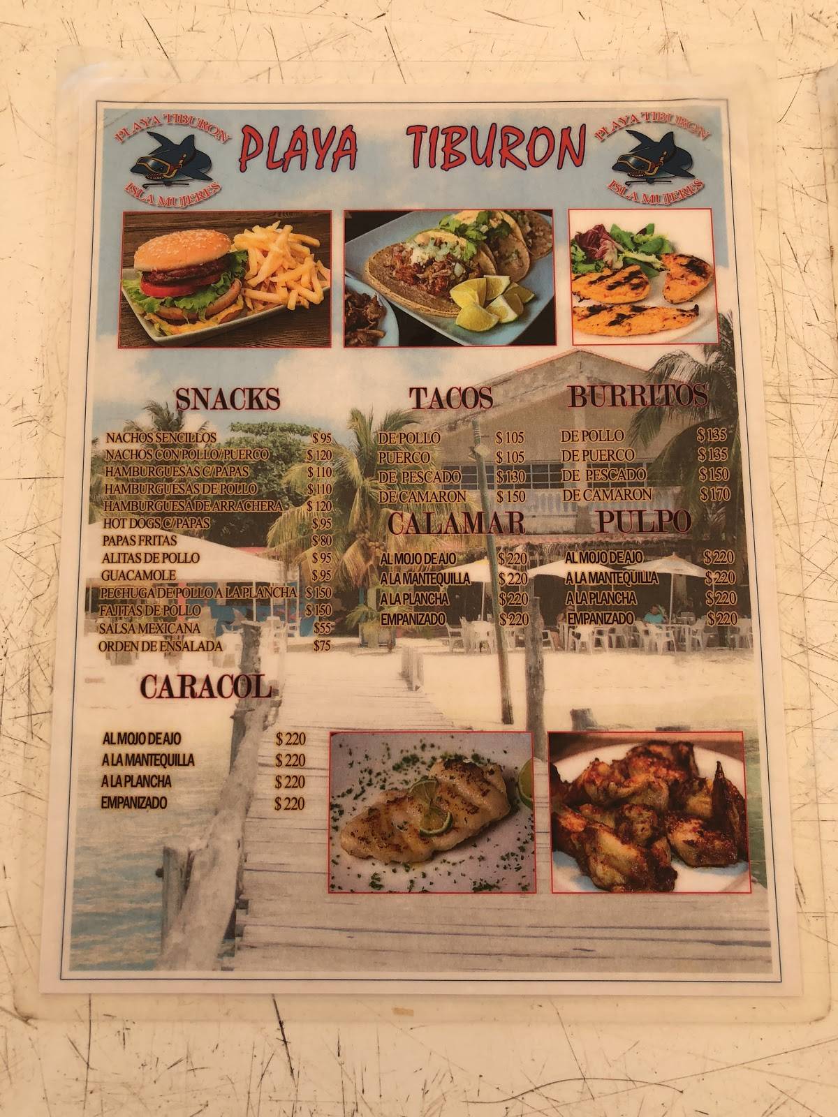 Menu at Playa Tiburon restaurant, Isla Mujeres