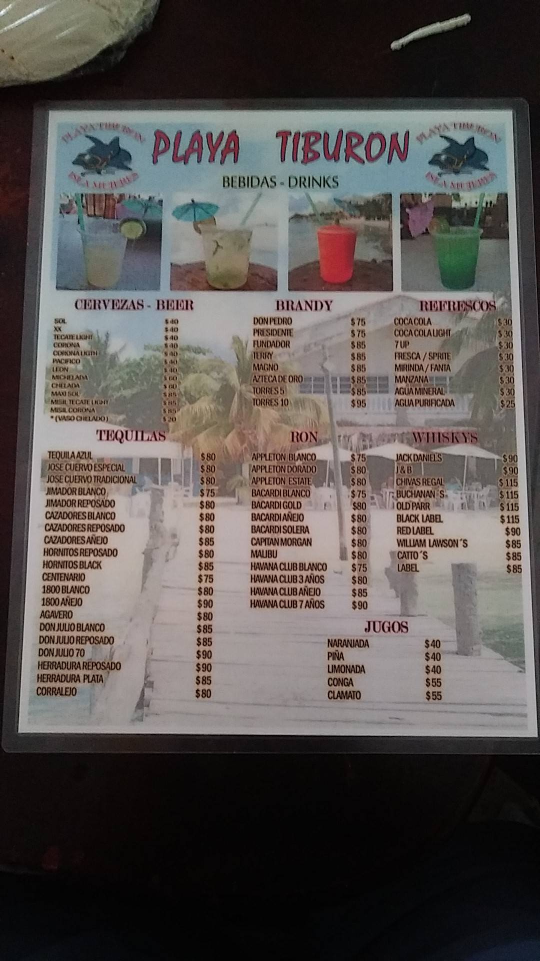 Menu at Playa Tiburon restaurant, Isla Mujeres