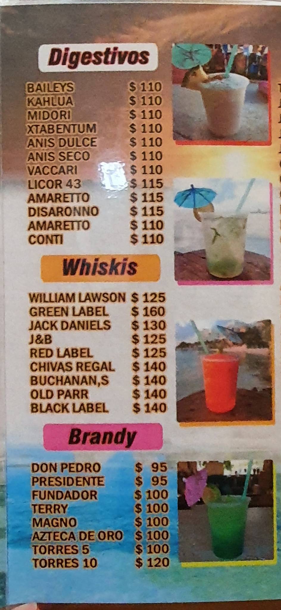 Menu at Playa Tiburon restaurant, Isla Mujeres
