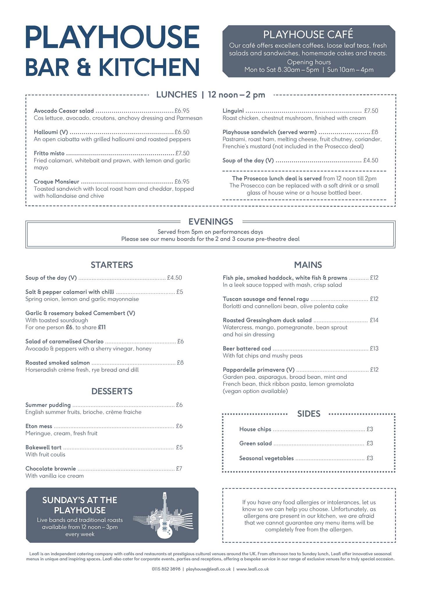 Menu at Playhouse Bar and Kitchen, Nottingham