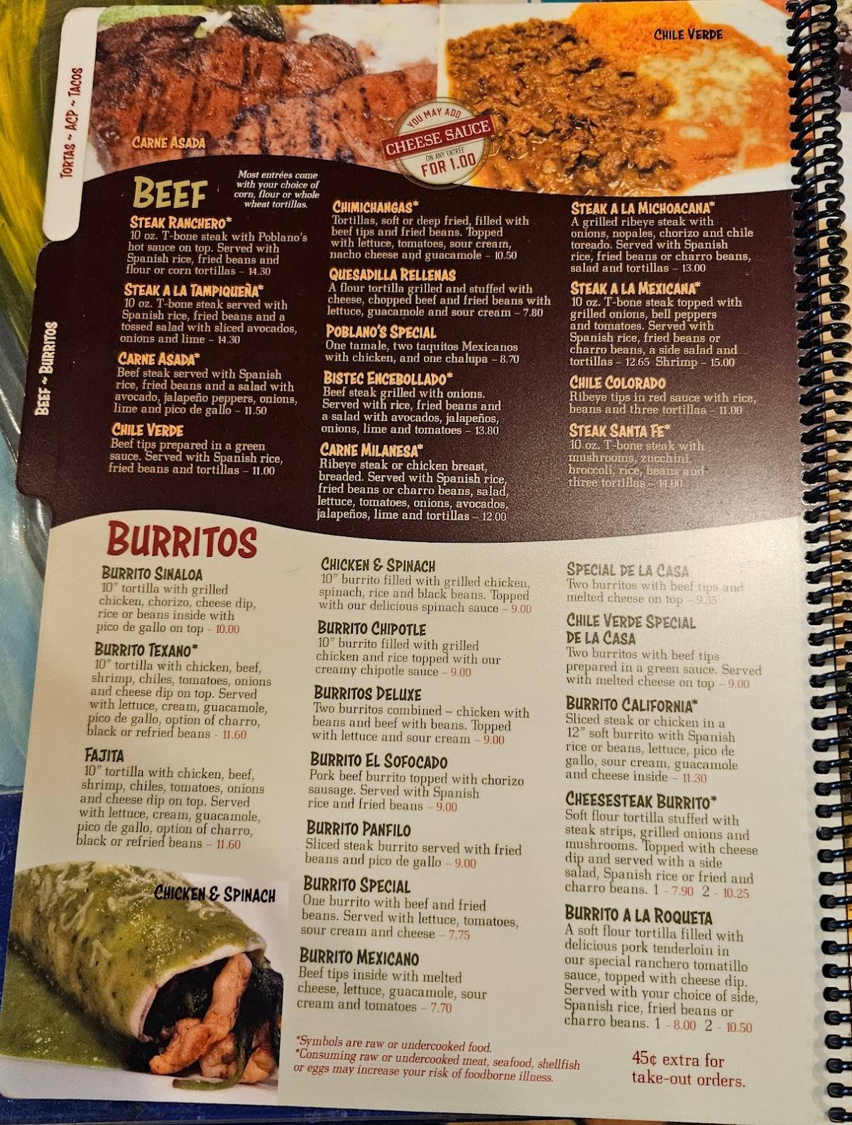 Menu at Poblanos Mexican Grill restaurant, Mountain City