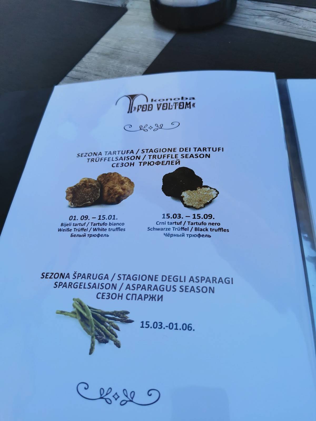 Menu at Pod Voltom restaurant, Motovun