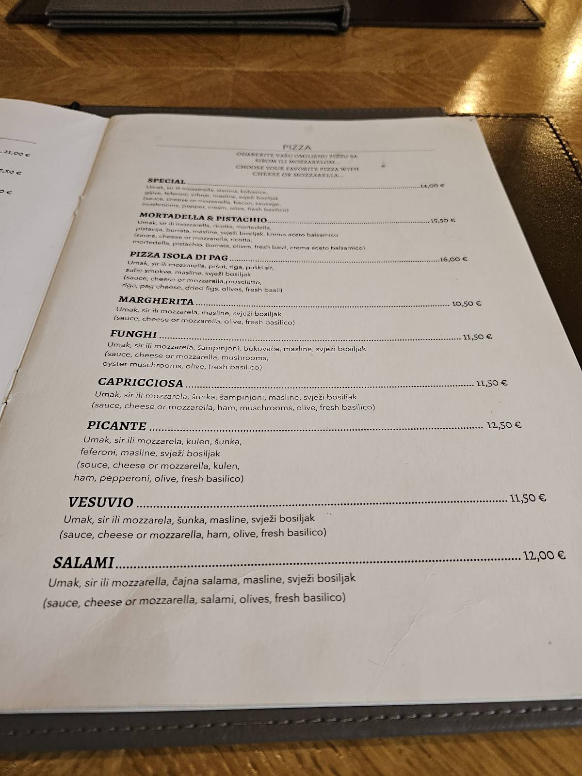 Menu at Pod Zvon restaurant, Novalja