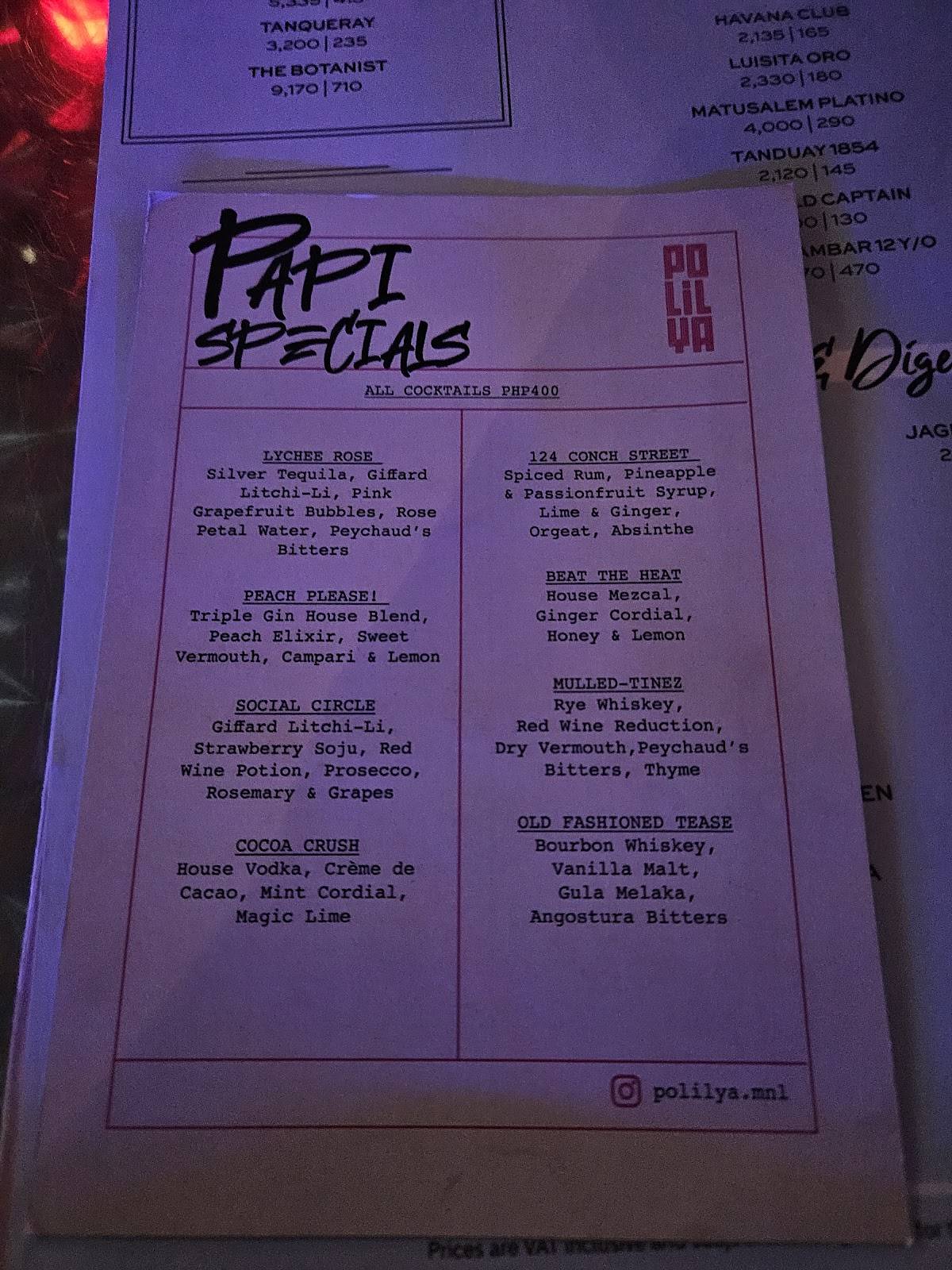 Menu at Polilya Cocktails + Craft Beer pub & bar, Makati