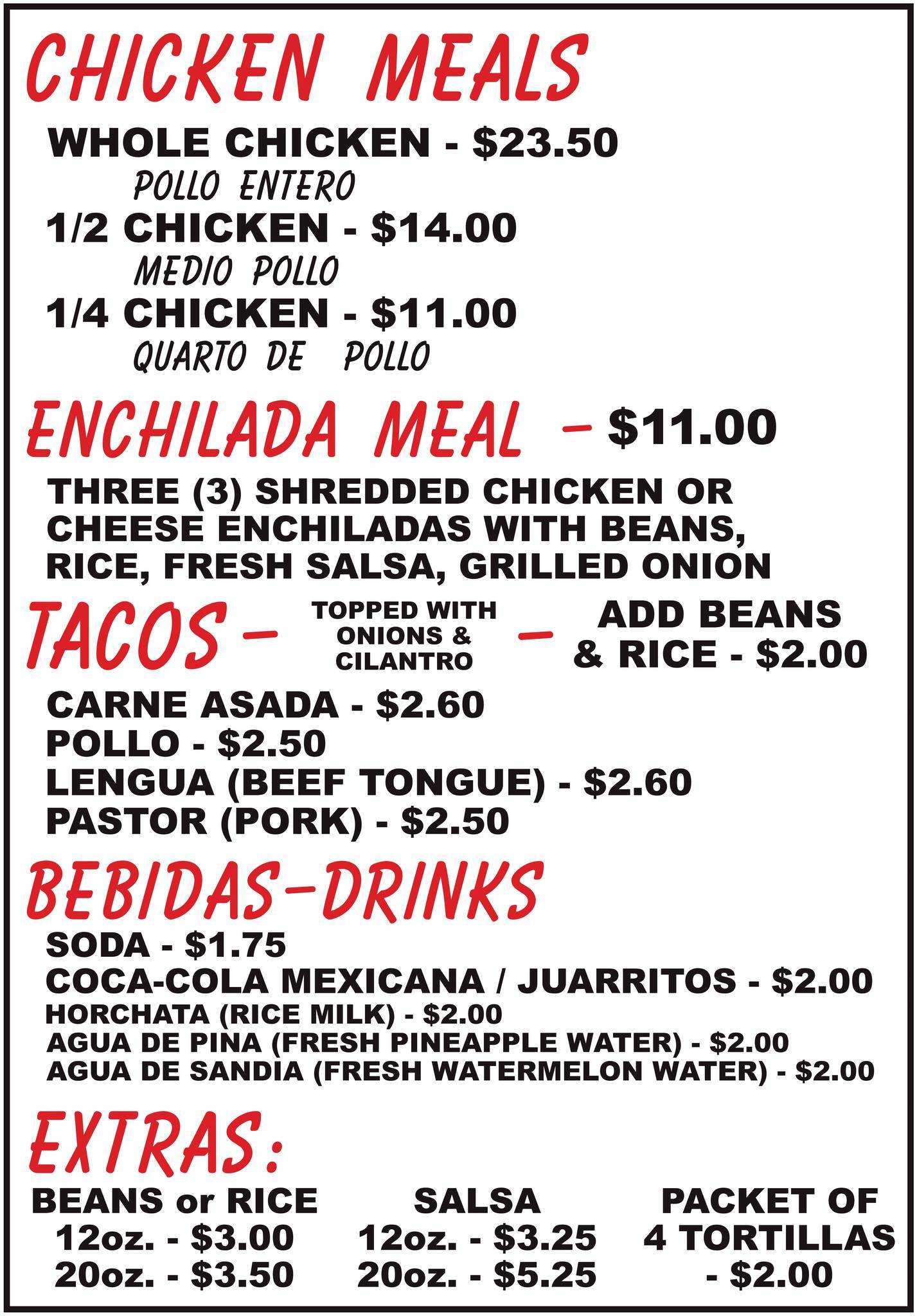 Menu at Pollo Asado restaurant, Grand Junction