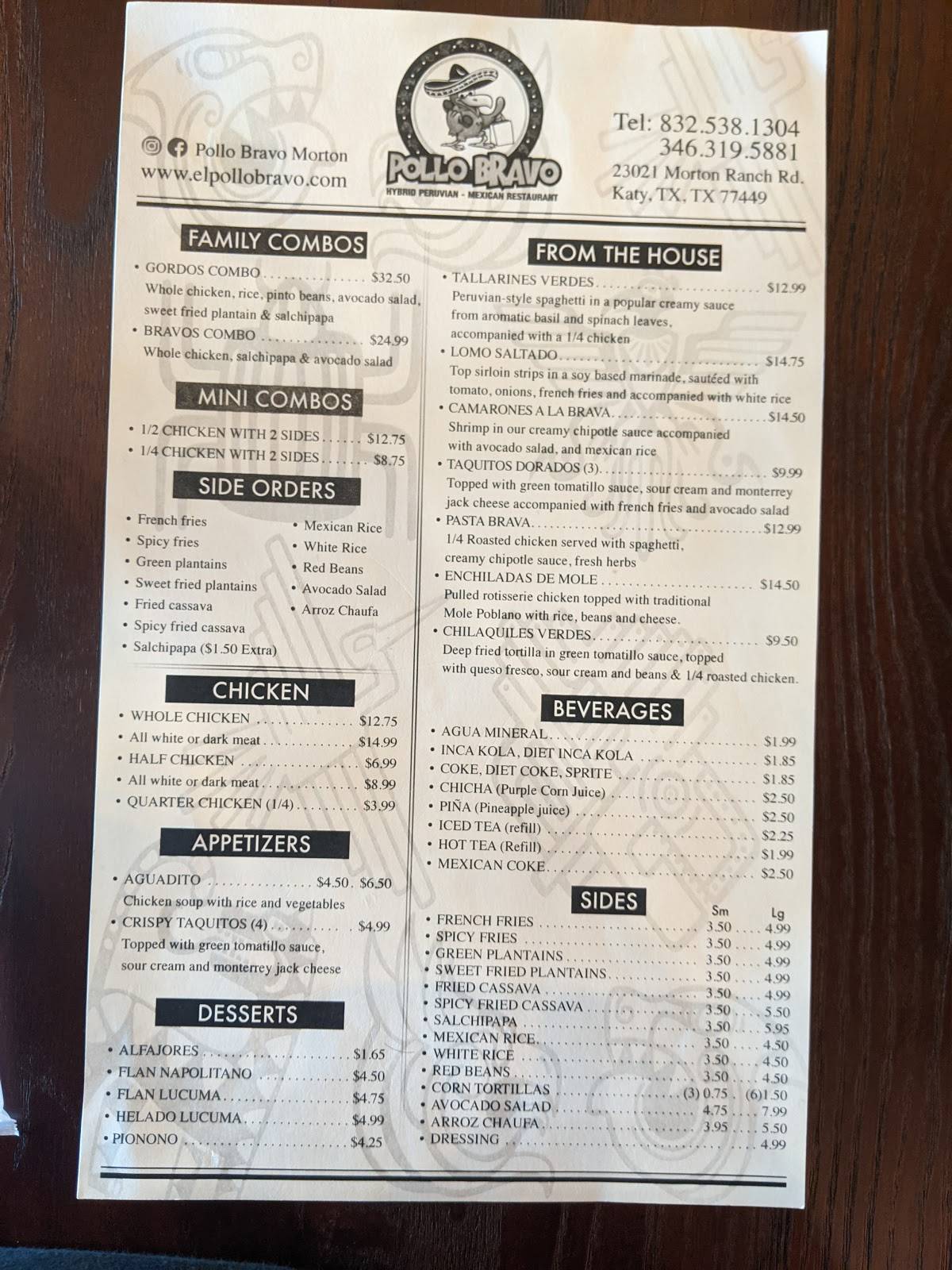 Carta del restaurante Pollo Bravo, Katy