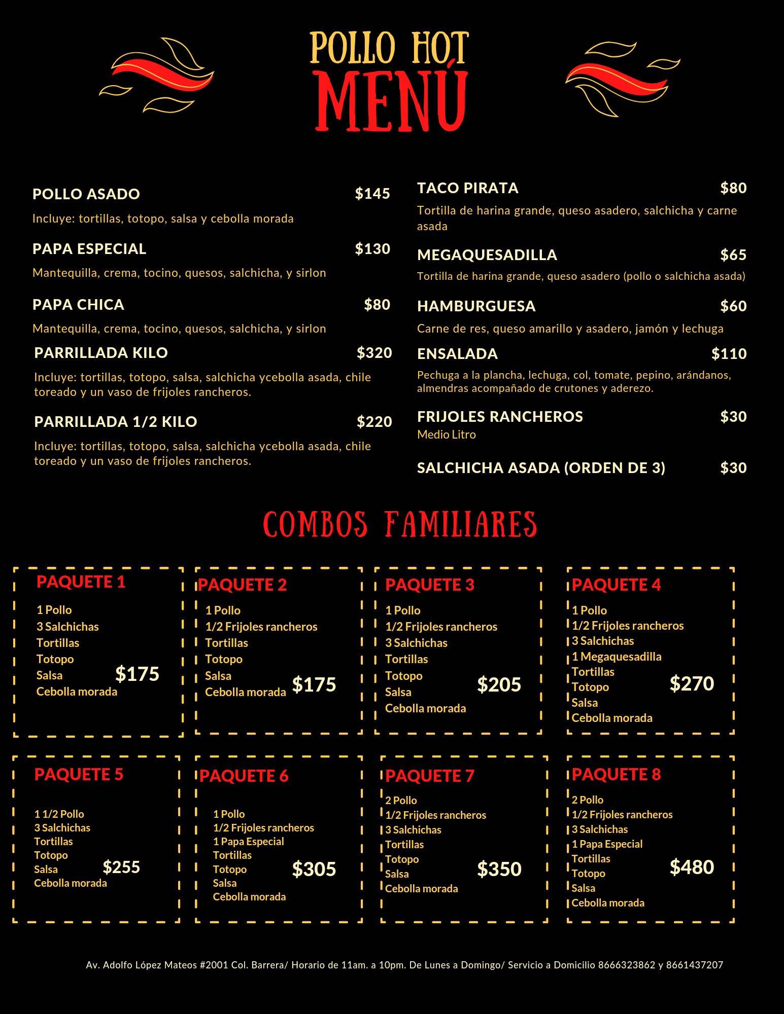 Menu at Pollo Hot restaurant, Monclova