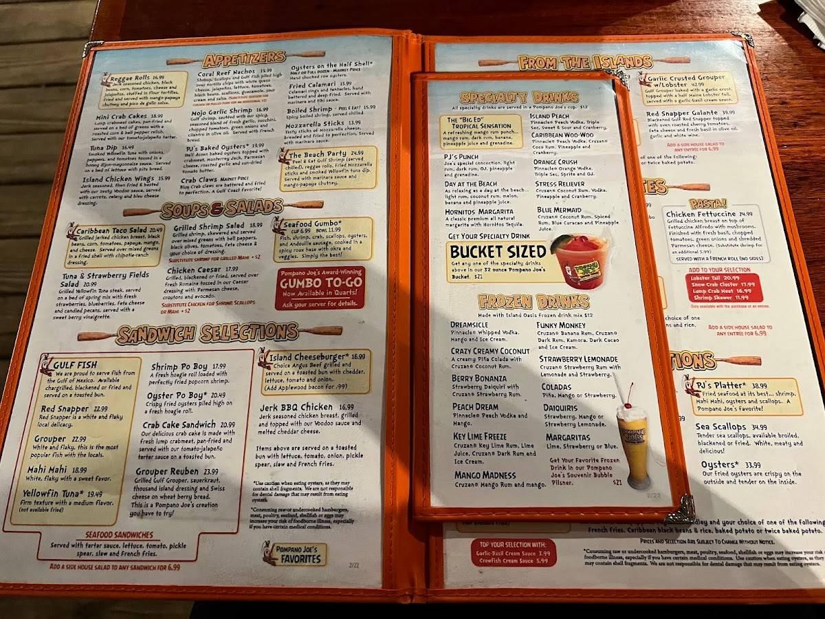 Menu at Pompano Joe's pub & bar, Destin