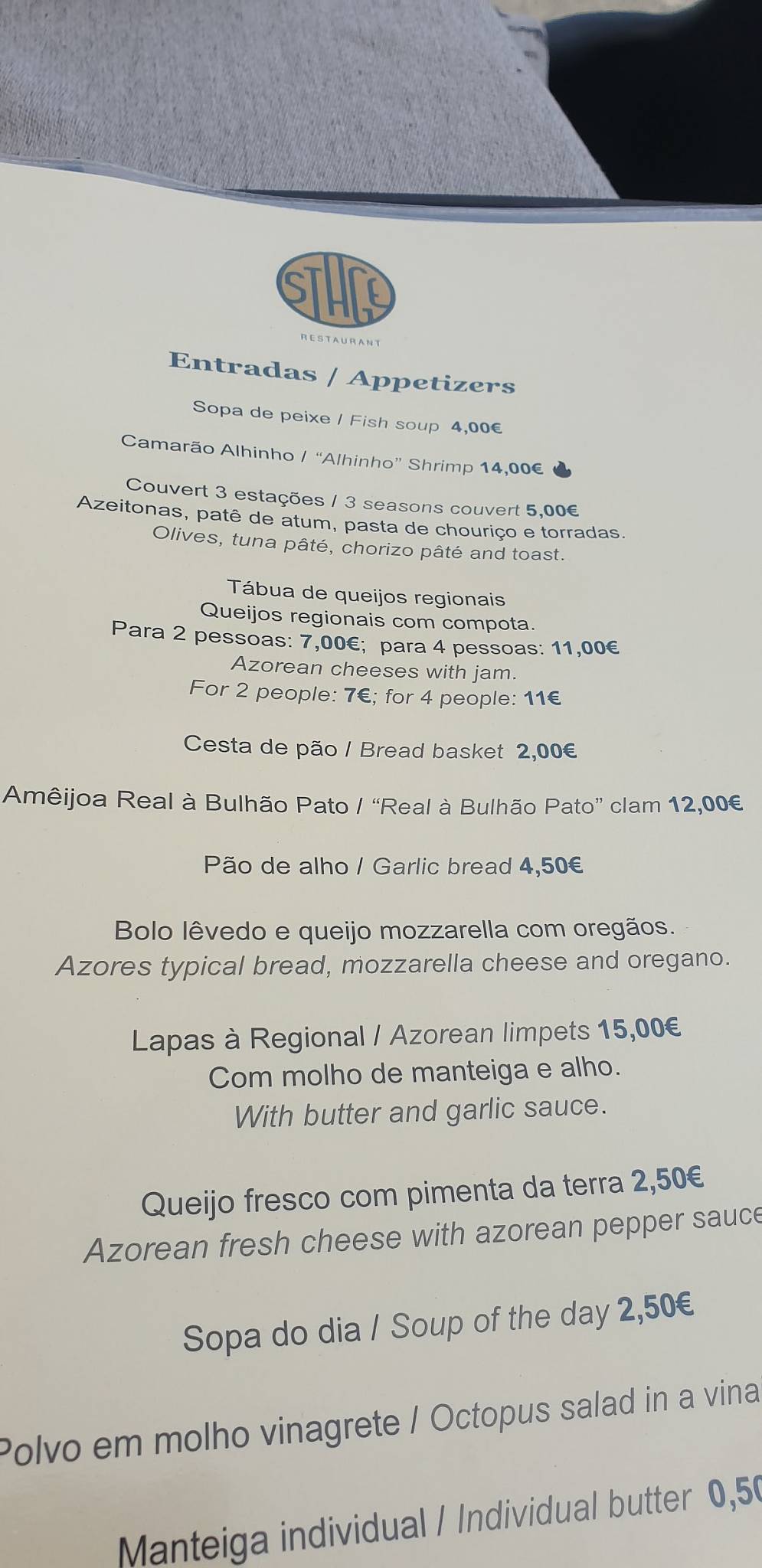 Menu at STAGE Restaurant, Ponta Delgada