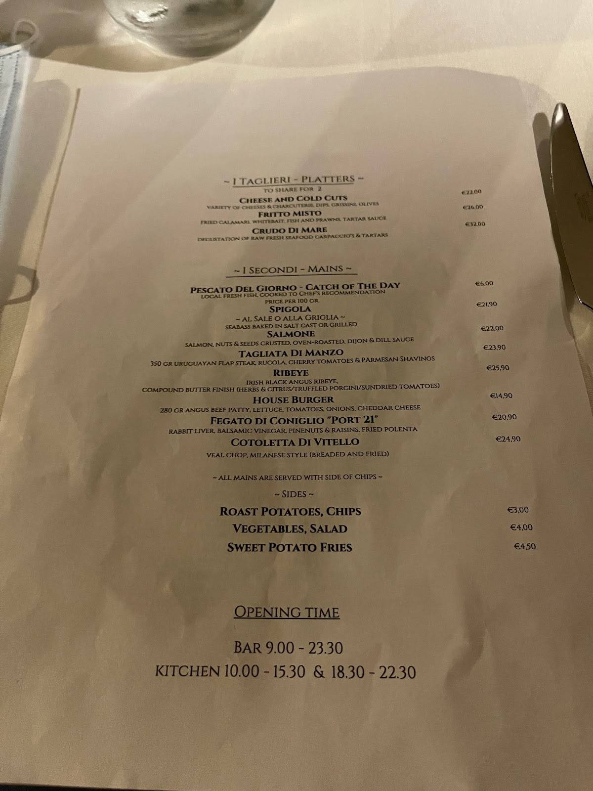 Menu at Port 21 Restaurant, Ta' Xbiex