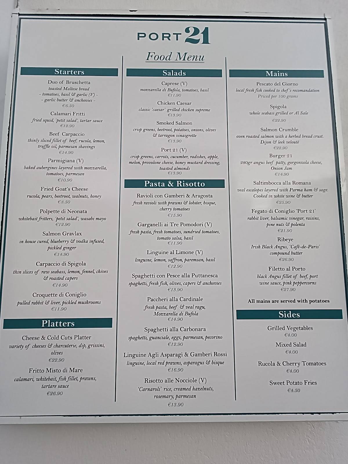 Carta de Port 21 Restaurant, Ta' Xbiex