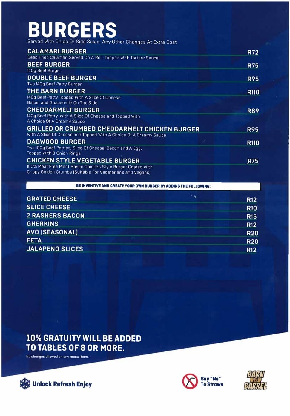 Menu at Barn & Barrel, Port Elizabeth, Kings Court Centre