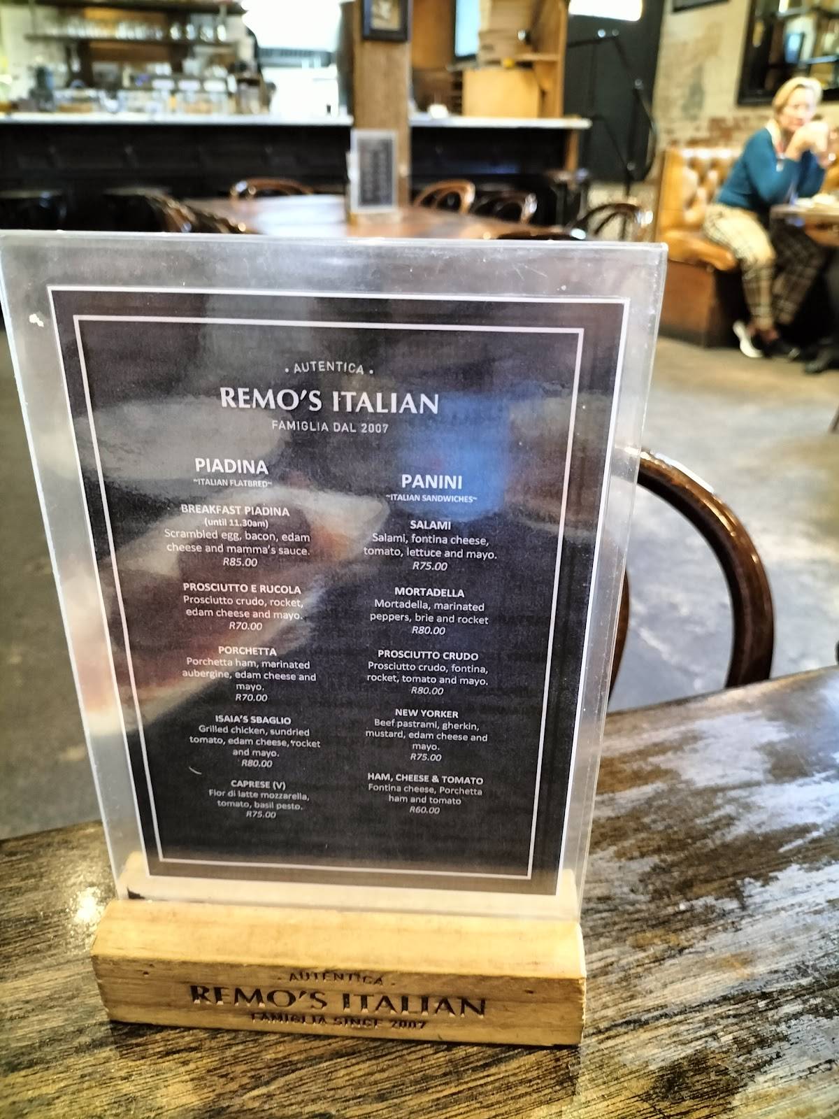 Menu at Remo's Italian restaurant, Port Elizabeth