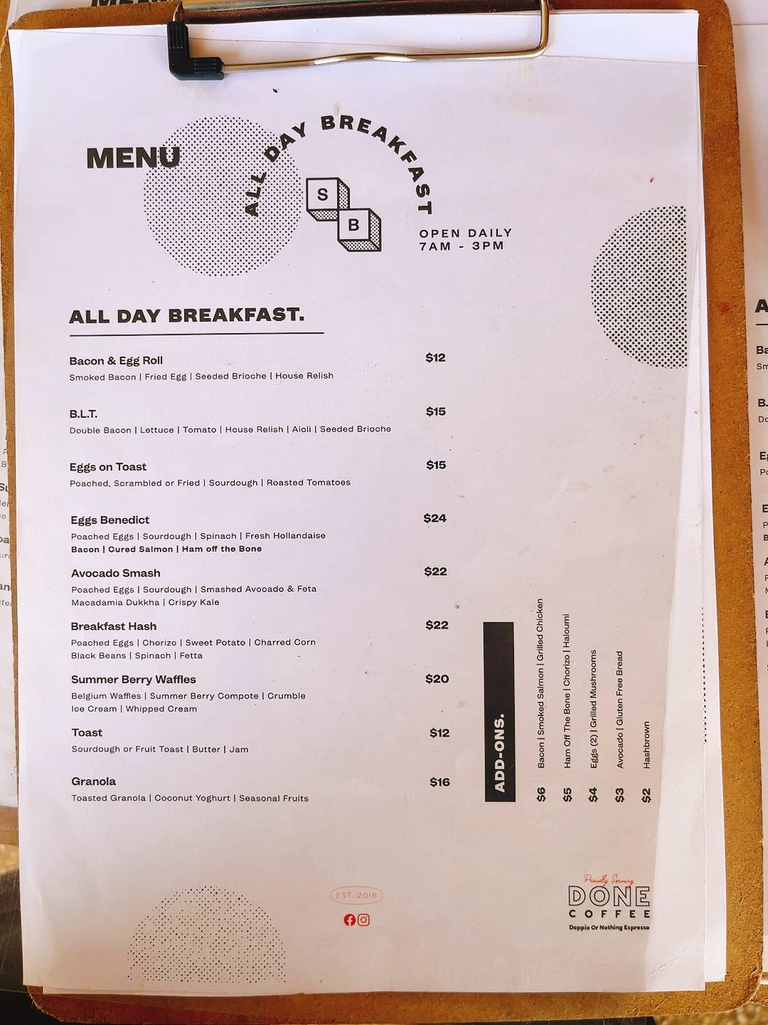 Menu at Sandbox cafe, Port Macquarie, 36 Tuppenny Rd