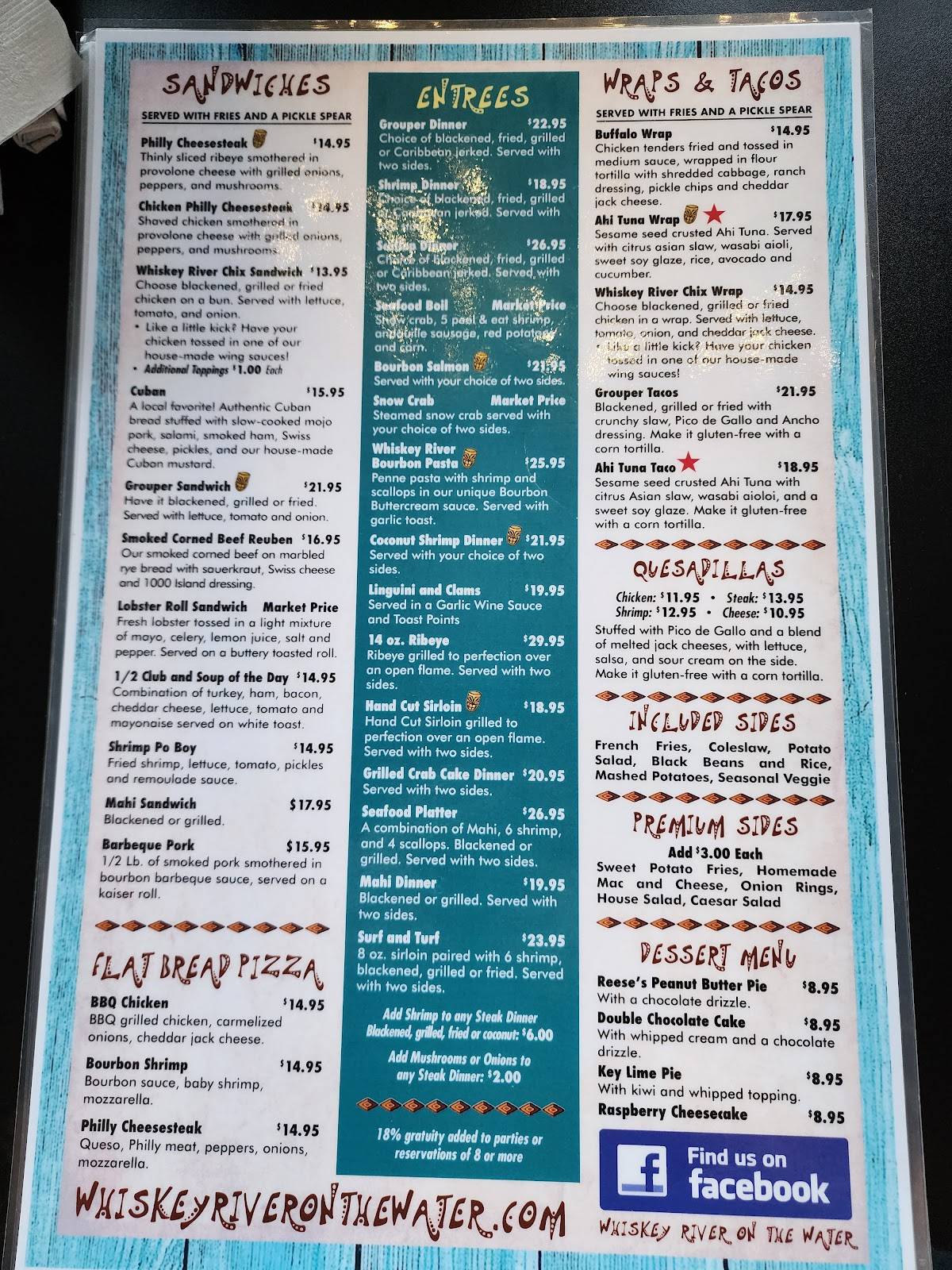 Menu at Whiskey River On The Water pub & bar, Port Richey