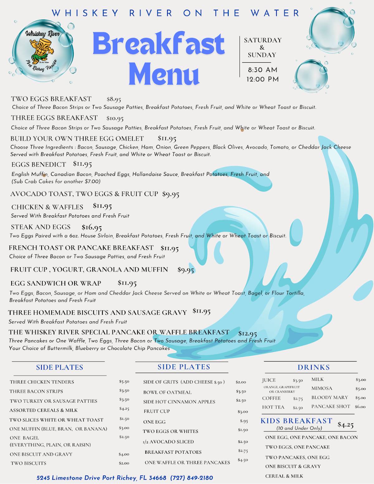 Menu at Whiskey River On The Water pub & bar, Port Richey