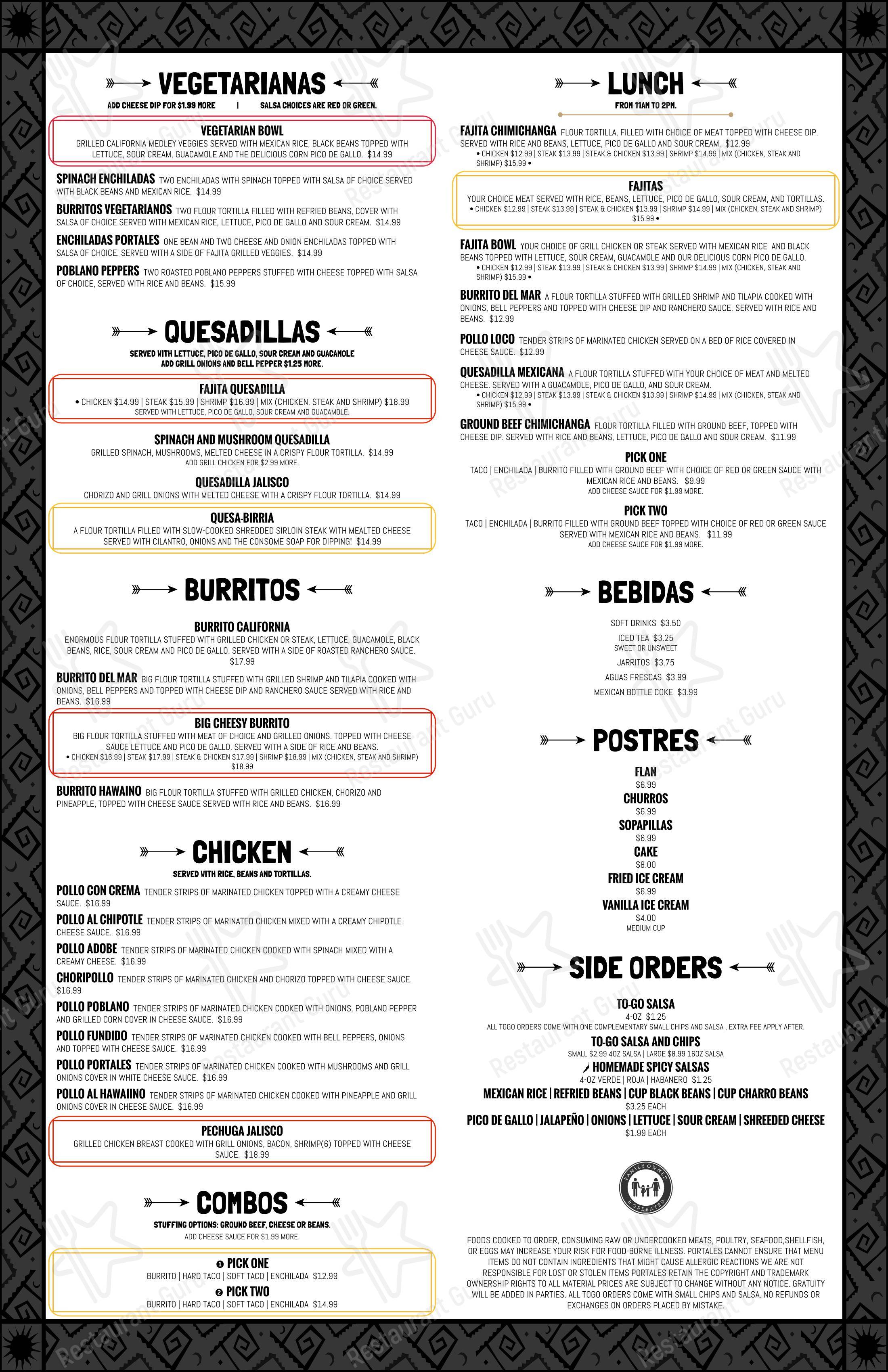 Menu at Portales Mexican Tapas & Tequila pub & bar, Lakeland