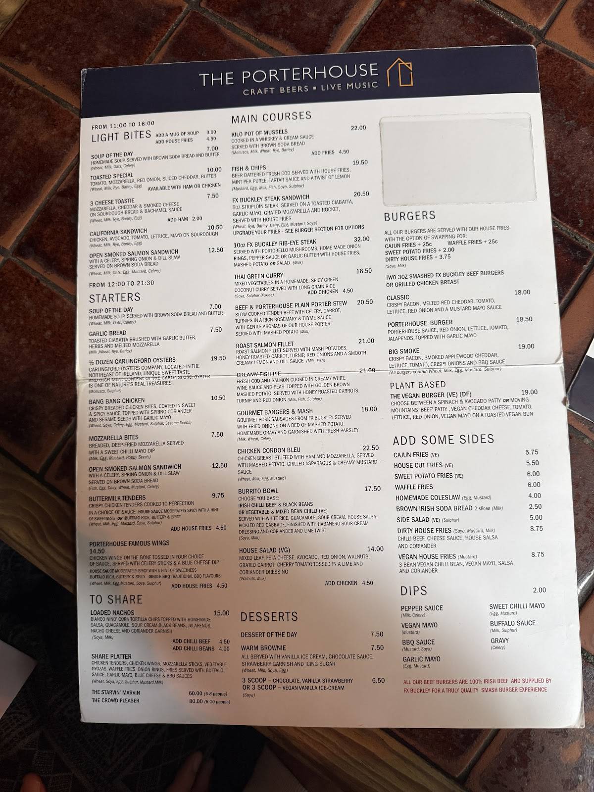 Menu at Porterhouse Parliament Street pub & bar, Dublin, 16-18 ...