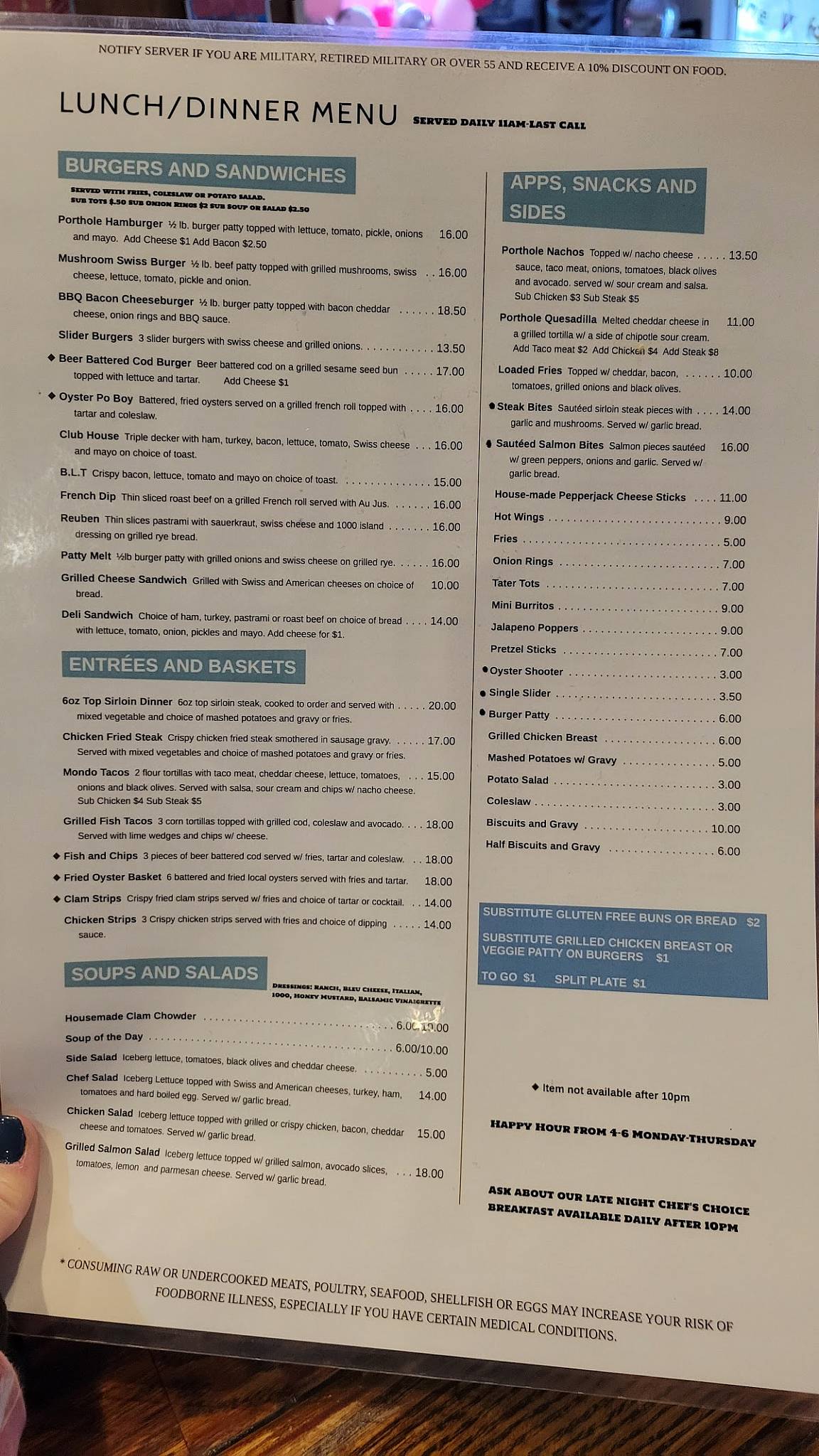 Menu at Porthole Pub Bar & Grill, Ocean Shores