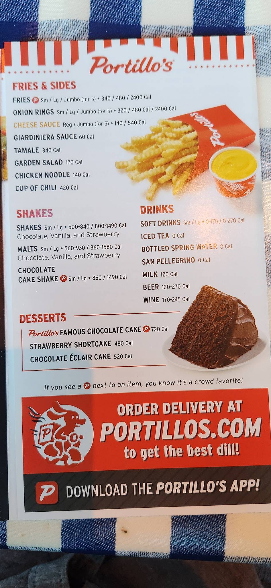 Menu at Portillo's Elgin restaurant, Elgin