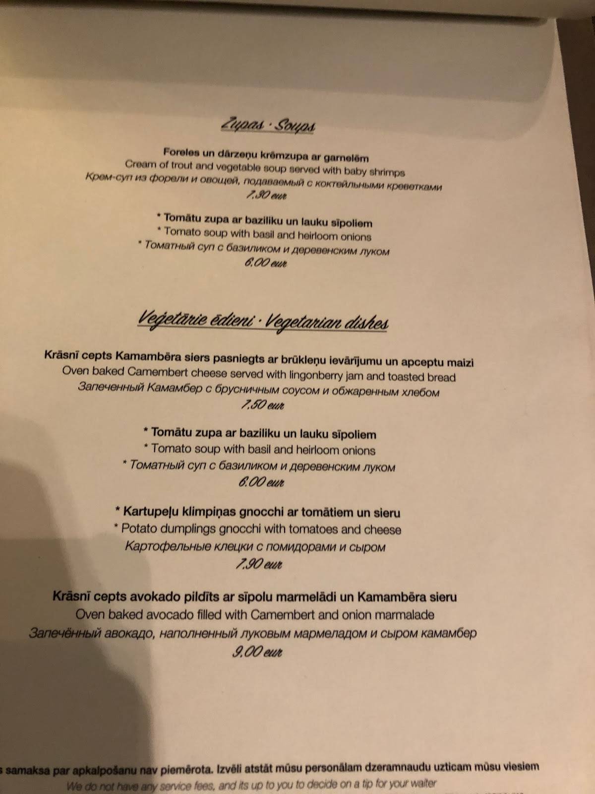 Speisekarte von Portofino restaurant, Riga, Ausekļa iela 7