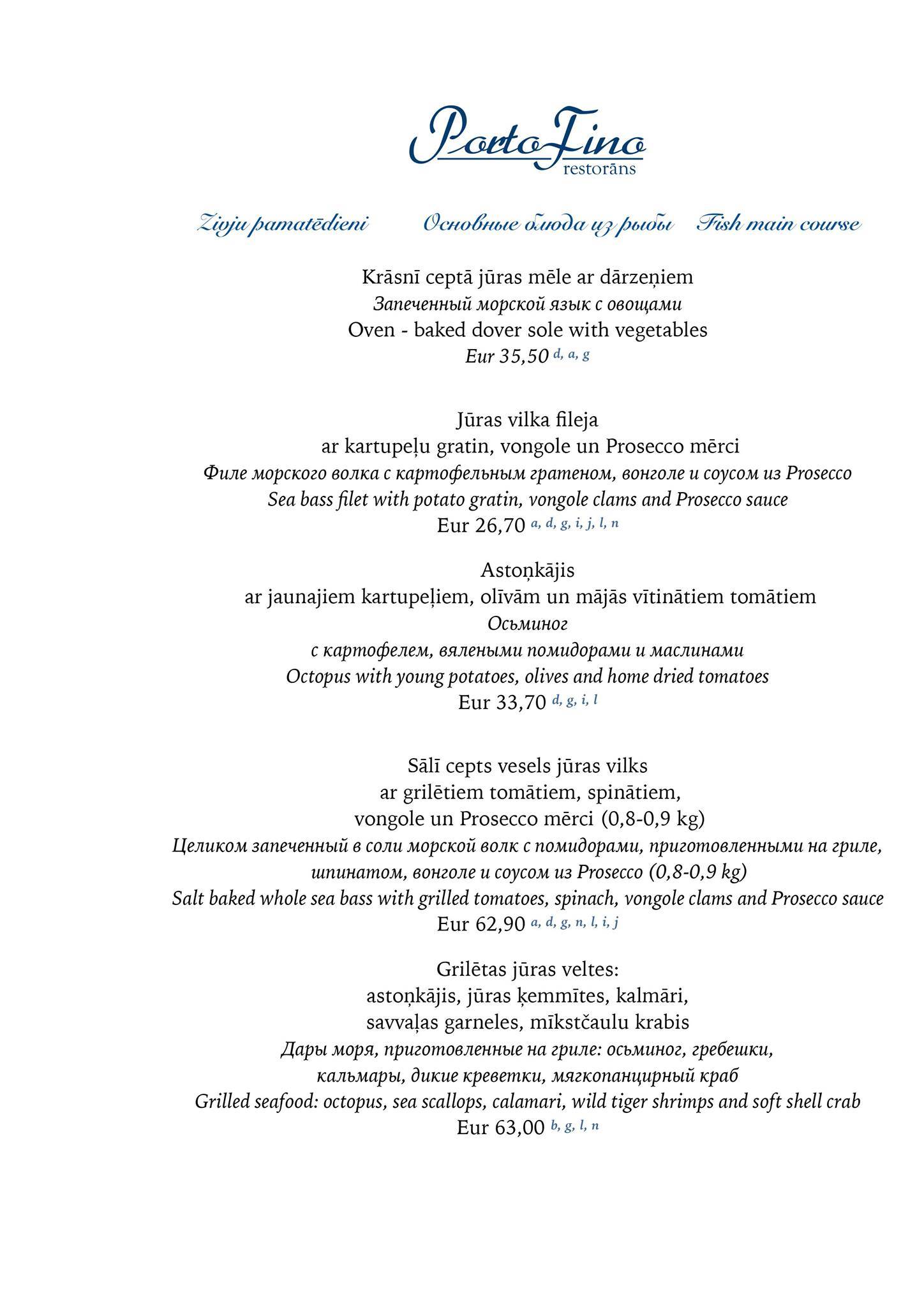 Speisekarte von Portofino restaurant, Riga, Ausekļa iela 7