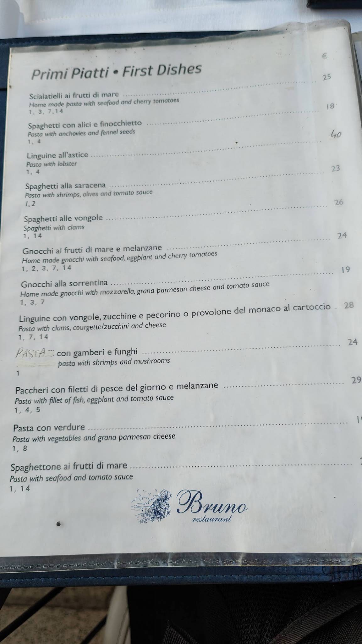 Menu at Ristorante Bruno, Positano